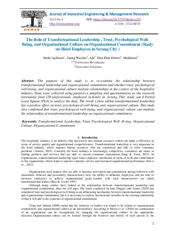 (PDF) The Role of Transformational Leadership , Trust, Psychological Well-Being, and ...