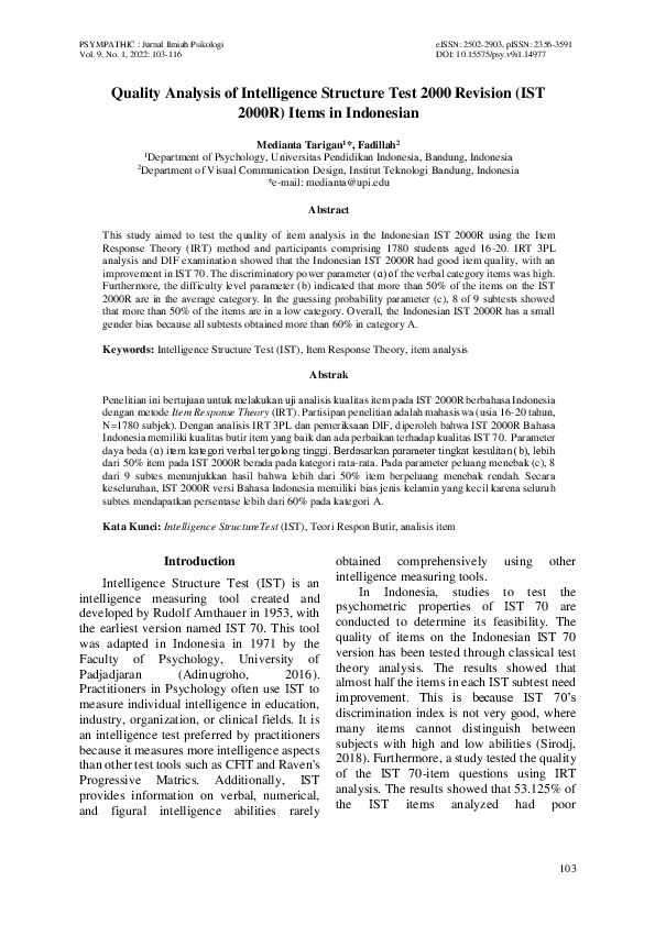 (PDF) Quality Analysis of Intelligence Structure Test 2000 Revision ...