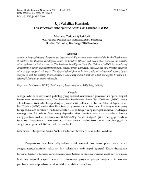 (PDF) Uji Validitas Konstruk Tes Wechsler Intelligence Scale For ...