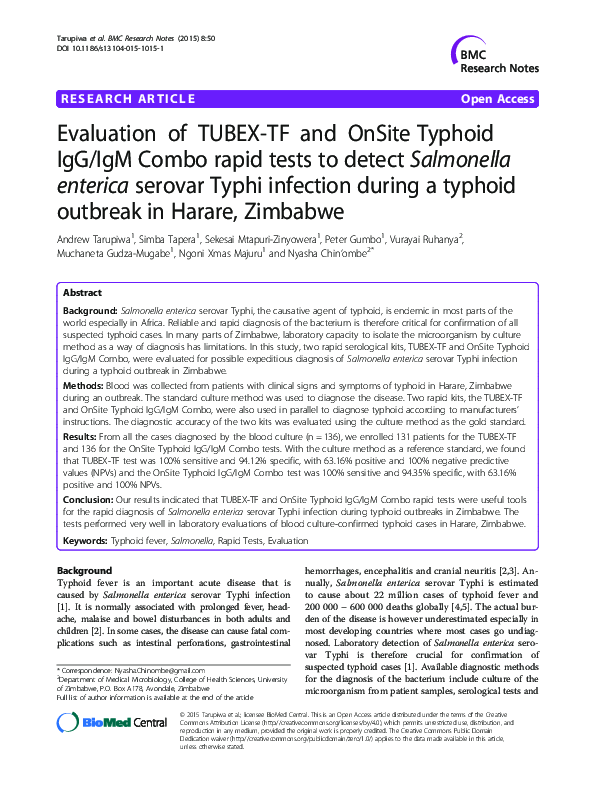 (PDF) Evaluation of TUBEX-TF and OnSite Typhoid IgG/IgM Combo rapid ...