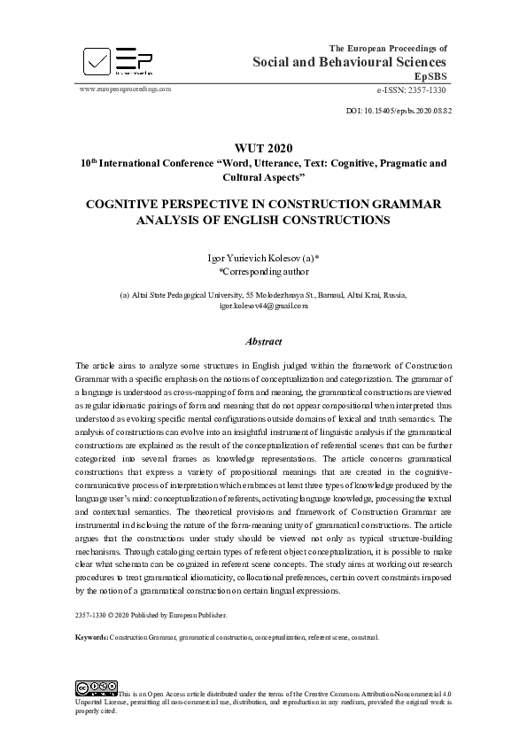 Cognitive Perspective In Construction Grammar Analysis Of English Constructions