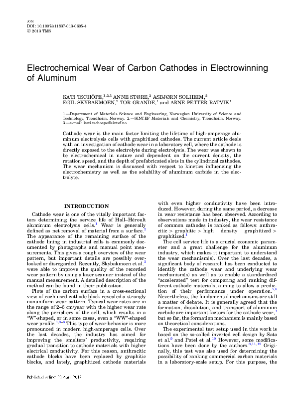 (PDF) Electrochemical Wear of Carbon Cathodes in Electrowinning of Aluminum