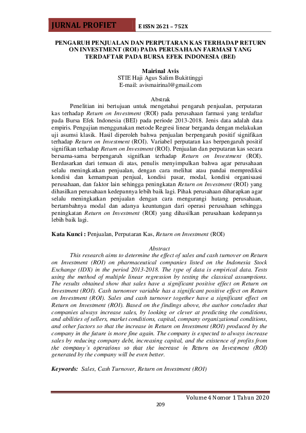(PDF) Pengaruh Penjualan Dan Perputaran Kas Terhadap Return on ...