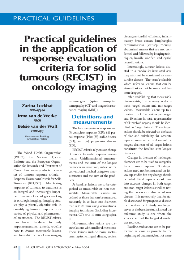 (PDF) Practical guidelines in the application of response evaluation criteria for solid tumours ...