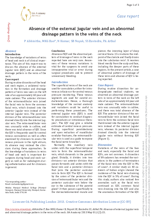 (PDF) Absence of the external jugular vein and an abnormal drainage pattern in the veins of the neck