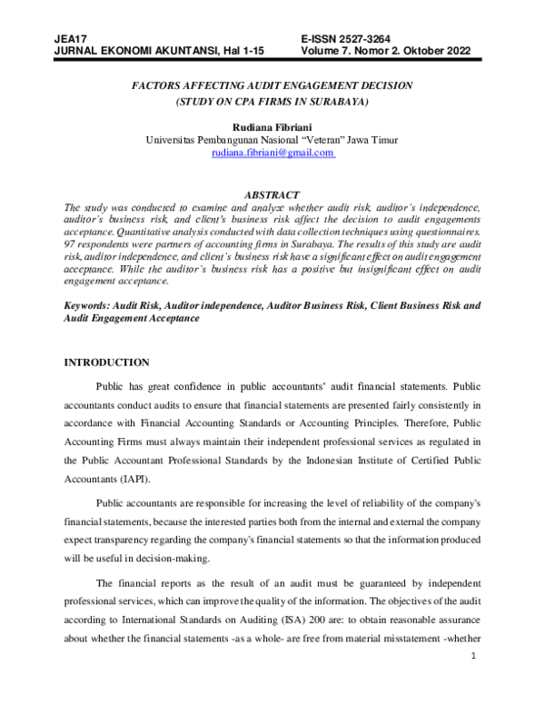 (PDF) Factors Affecting Audit Engagement Decision