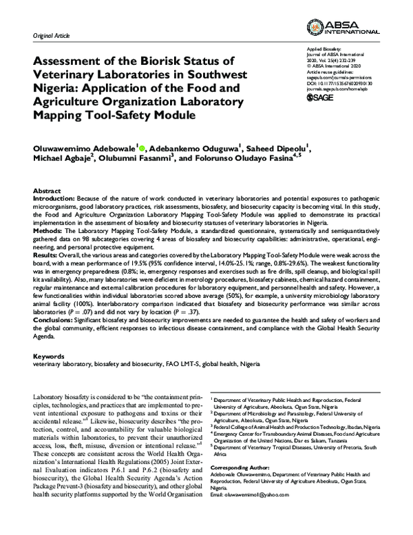 (PDF) Assessment of the Biorisk Status of Veterinary Laboratories in ...