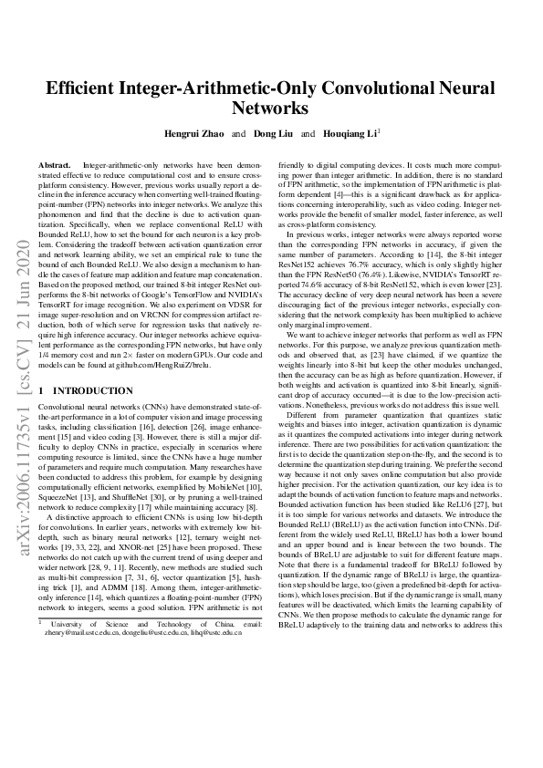 Pdf Efficient Integer Arithmetic Only Convolutional Neural Networks Hengrui Zhao