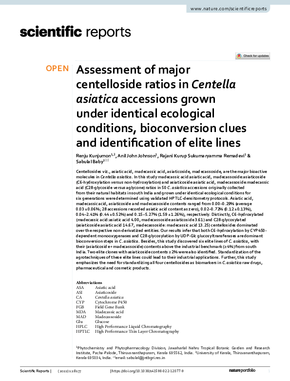 (PDF) Assessment of major centelloside ratios in Centella asiatica ...