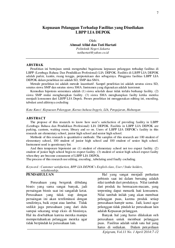 (PDF) Kepuasan Pelanggan Terhadap Fasilitas yang Disediakan LBPP LIA DEPOK