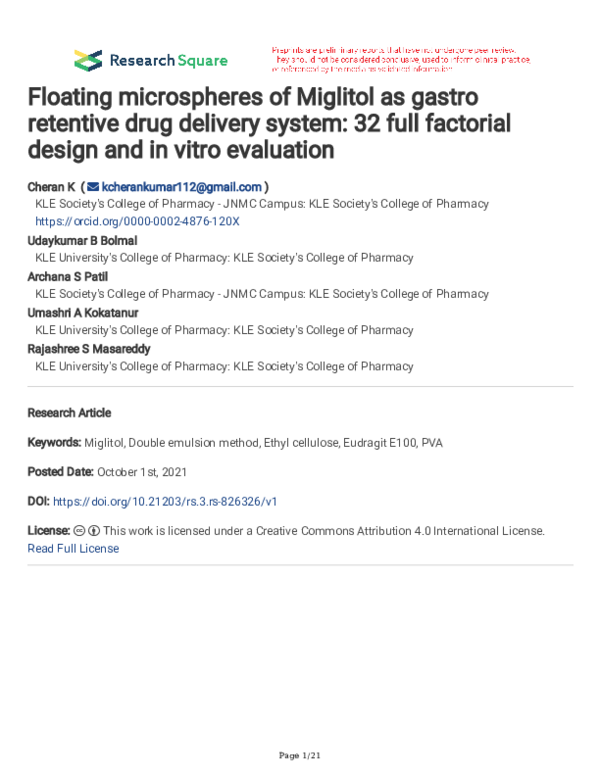 (PDF) Floating microspheres of Miglitol as gastro retentive drug ...