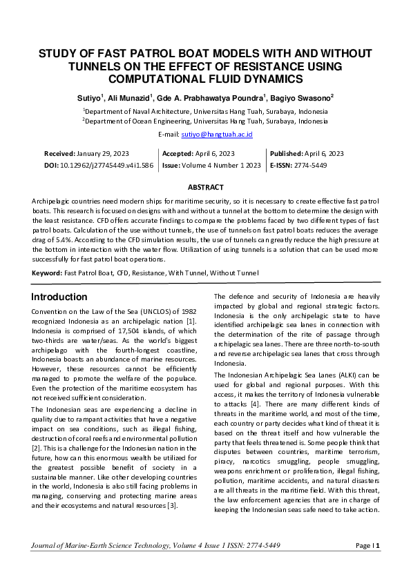 (PDF) Study of Fast Patrol Boat Models with and Without Tunnels on the Effect of Resistance ...