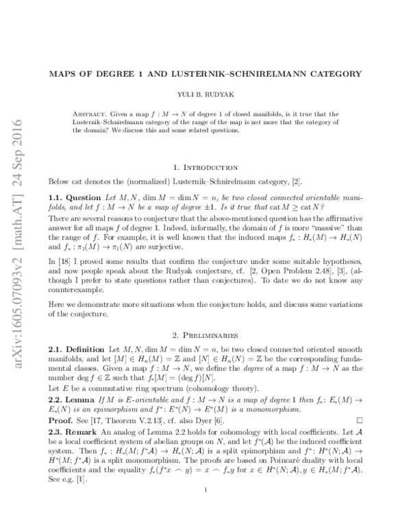 (PDF) Maps of Degree 1 and Lusternik--Schnirelmann Category