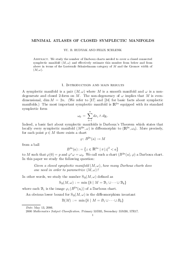 (PDF) Minimal atlases of closed symplectic manifolds | Yuli Rudyak ...