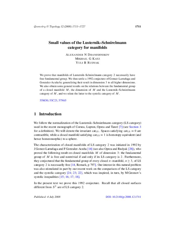 (PDF) Small values of the Lusternik–Schnirelmann category for manifolds