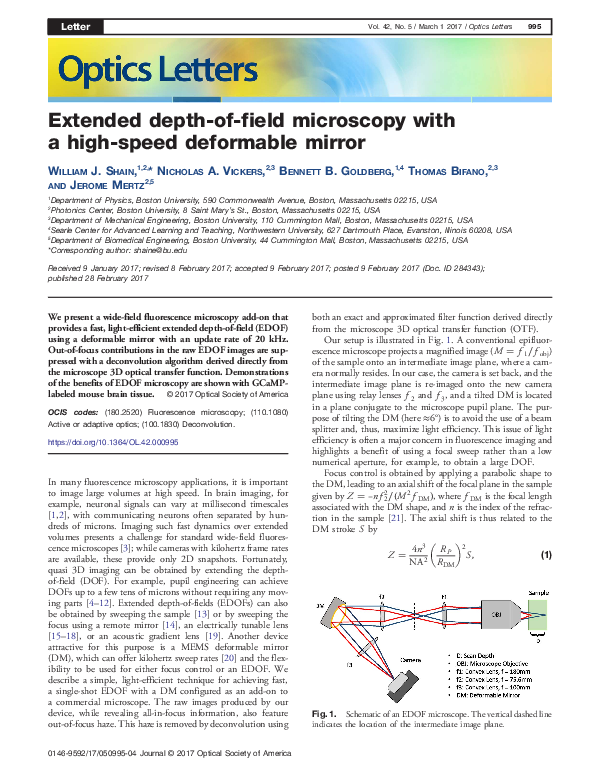 (PDF) Extended depth-of-field microscopy with a high-speed deformable mirror | William Shain ...