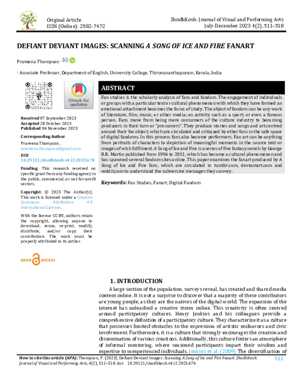 (PDF) DEFIANT DEVIANT IMAGES: SCANNING A SONG OF ICE AND FIRE FANART