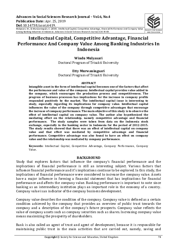 (PDF) Intellectual Capital, Competitive Advantage, Financial Performance and Company Value Among ...