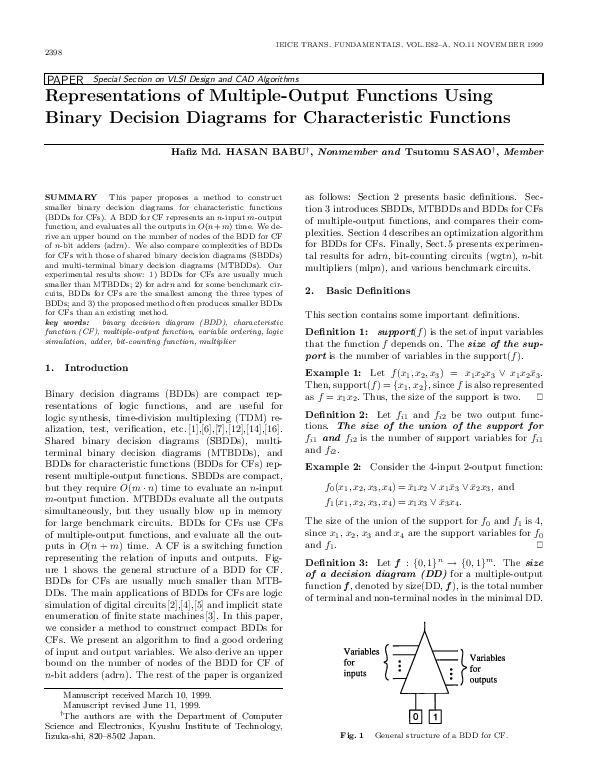 (PDF) Representations of Multiple-Output Functions Using Binary Decision Diagrams for ...