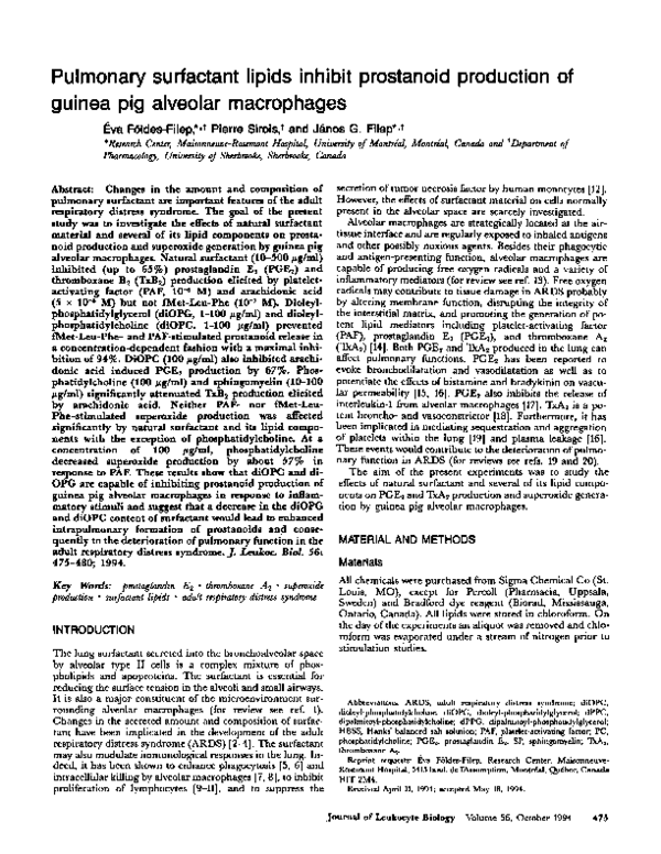 (PDF) Pulmonary surfactant lipids inhibit prostanoid production of ...