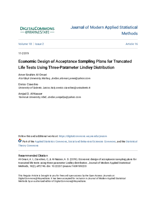 (PDF) Economic Design of Acceptance Sampling Plans for Truncated Life ...