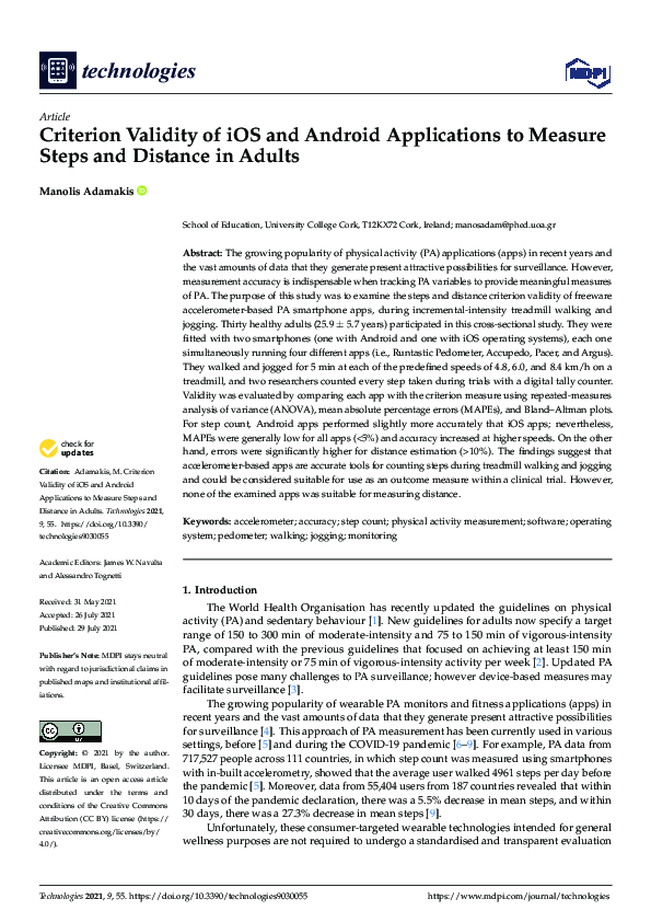 (PDF) Criterion Validity of iOS and Android Applications to Measure Steps and Distance in Adults
