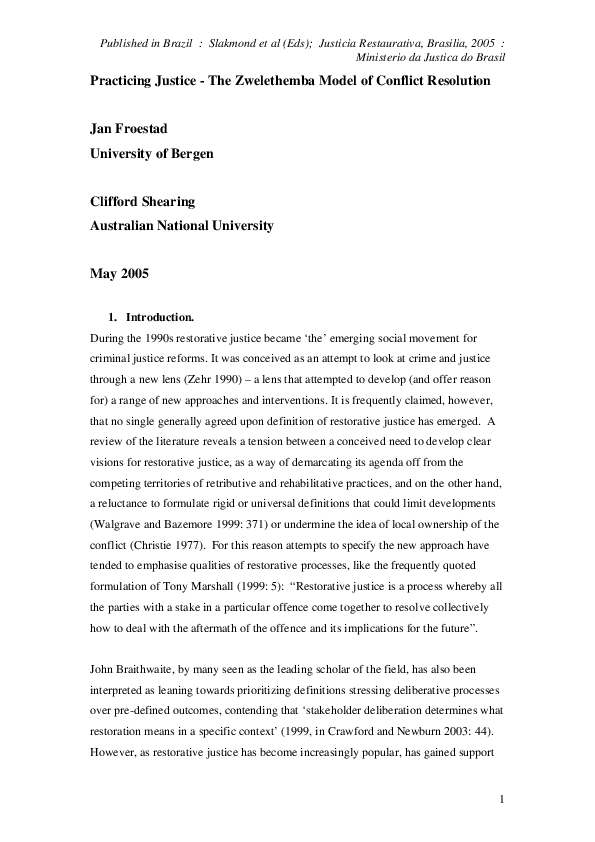 (PDF) Practicing Justice - The Zwelethemba Model of Conflict Resolution