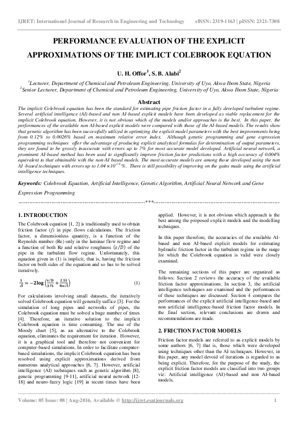 (PDF) Performance Evaluation of the Explicit Approximations of the Implict Colebrook Equation