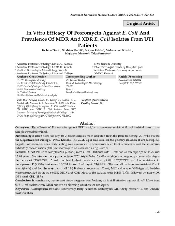 (PDF) In vitro efficacy of fosfomycin against E. coli and prevalence of ...