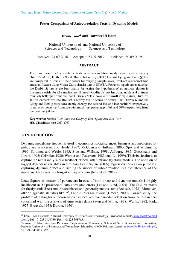 (PDF) Power Comparison of Autocorrelation Tests in Dynamic Models