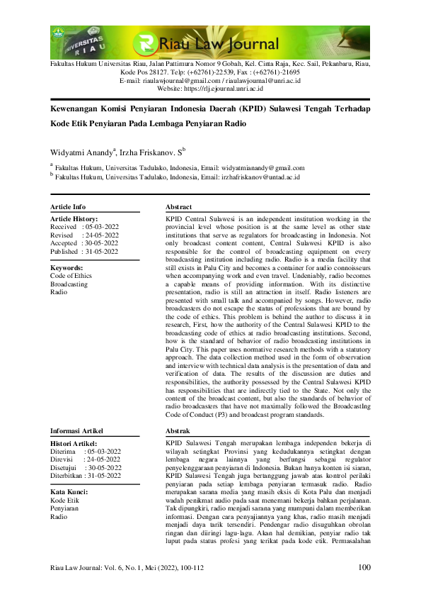 (PDF) Kewenangan Komisi Penyiaran Indonesia Daerah (KPID) Sulawesi ...