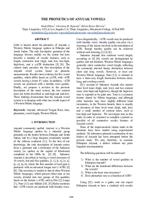 (PDF) The Phonetics of Anyuak Vowels