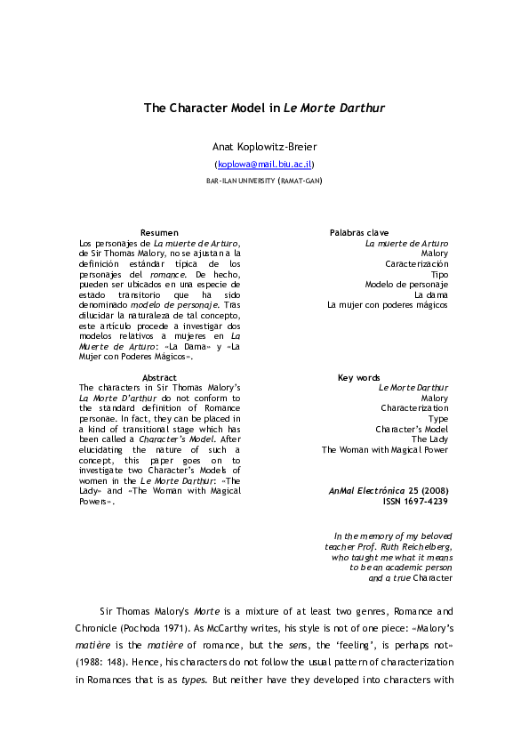(PDF) The Character Model in Le Morte Darthur