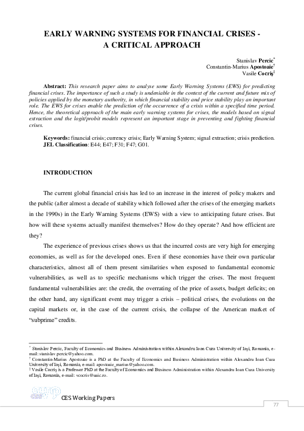 (PDF) Early Warning Systems For Financial Crises.A Critical Approach