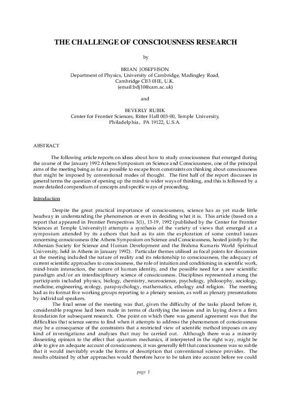 (PDF) The challenge of consciousness research