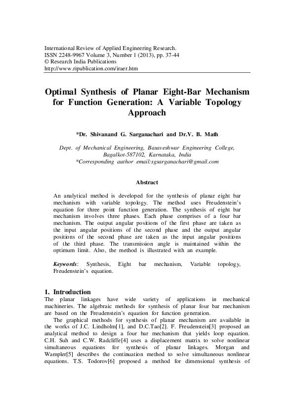 (PDF) Optimal Synthesis of Planar Eight-Bar Mechanism for Function Generation: A Variable ...