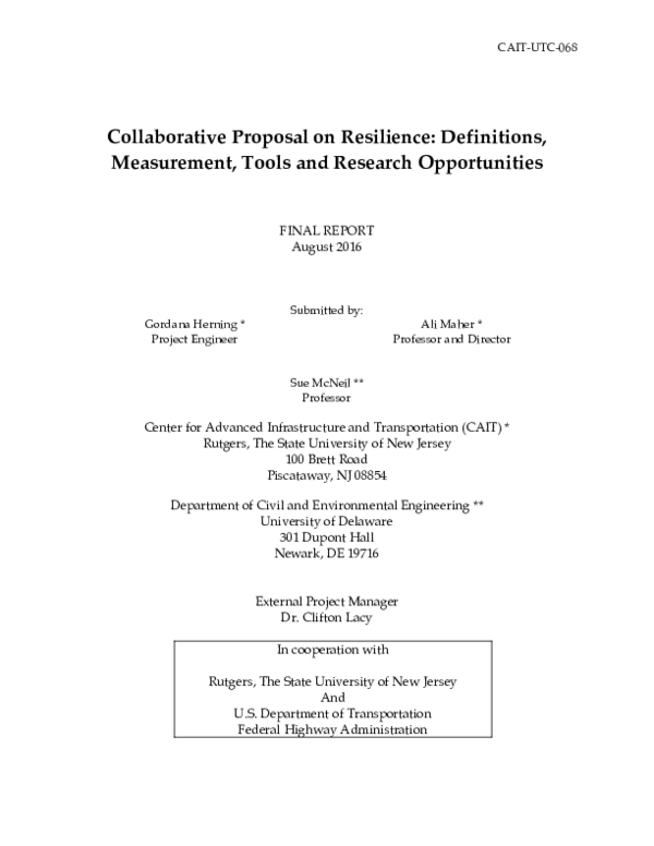 (PDF) Collaborative proposal on resilience : definitions, measurement ...