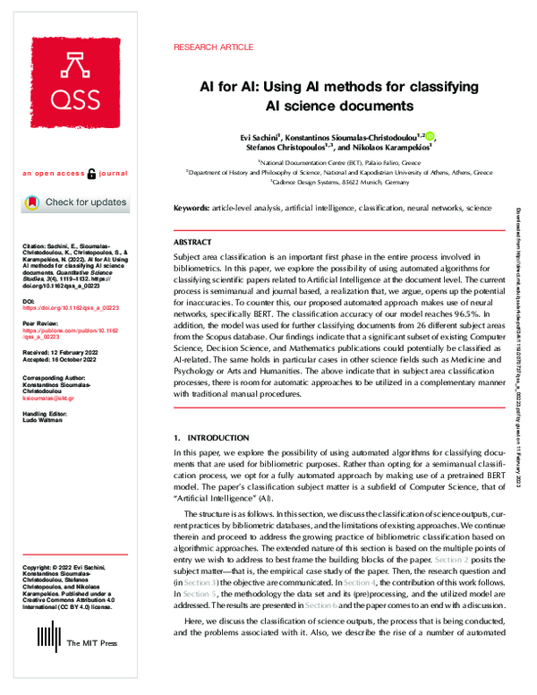 Pdf Ai For Ai Using Ai Methods For Classifying Ai Science Documents