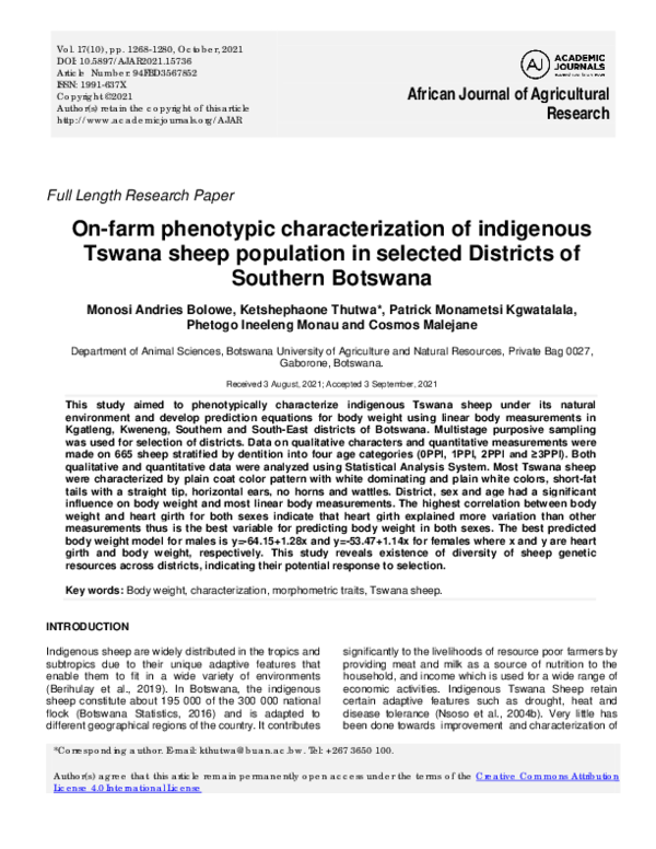 (PDF) On-farm phenotypic characterization of indigenous Tswana sheep population in selected ...