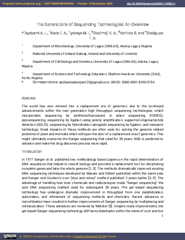 (PDF) The Generations of Sequencing Technologies: An Overview