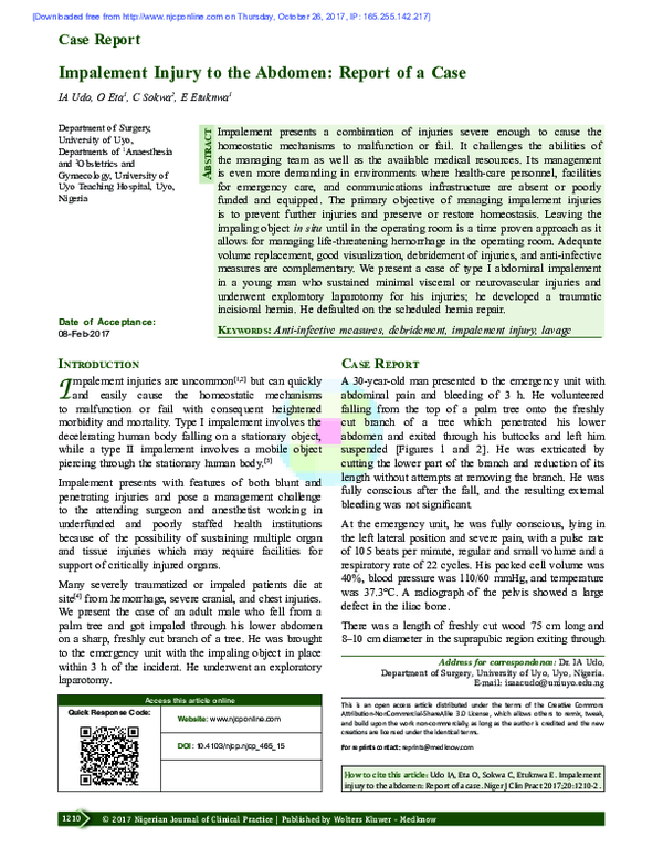 (PDF) Impalement injury to the abdomen: Report of a case