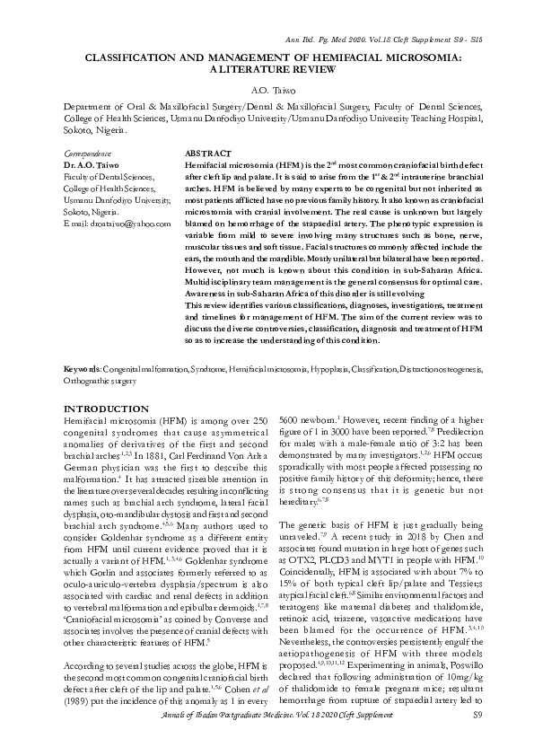(PDF) Classification and Management of Hemifacial Microsomia: A ...
