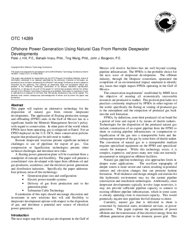 (PDF) Offshore Power Generation Using Natural Gas From Remote Deepwater ...