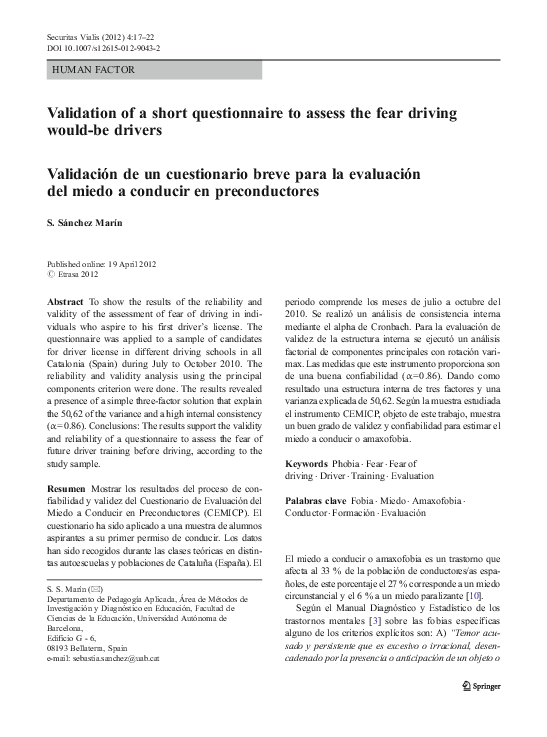 (PDF) Validation of a short questionnaire to assess the fear driving ...