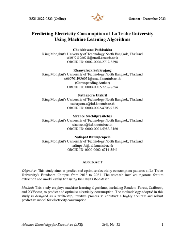 (PDF) Predicting Electricity Consumption at La Trobe University Using Machine Learning Algorithms