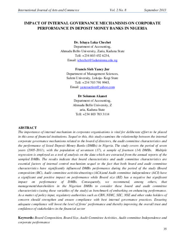 (PDF) Impact of Internal Governance Mechanisms on Corporate Performance in Deposit Money Banks ...