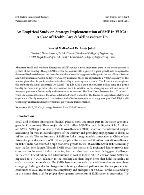 (PDF) SME Strategy in VUCA: Case of Health Start-Up