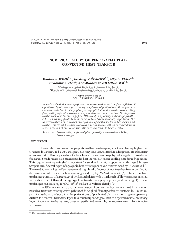 (PDF) Numerical study of perforated plate convective heat transfer ...