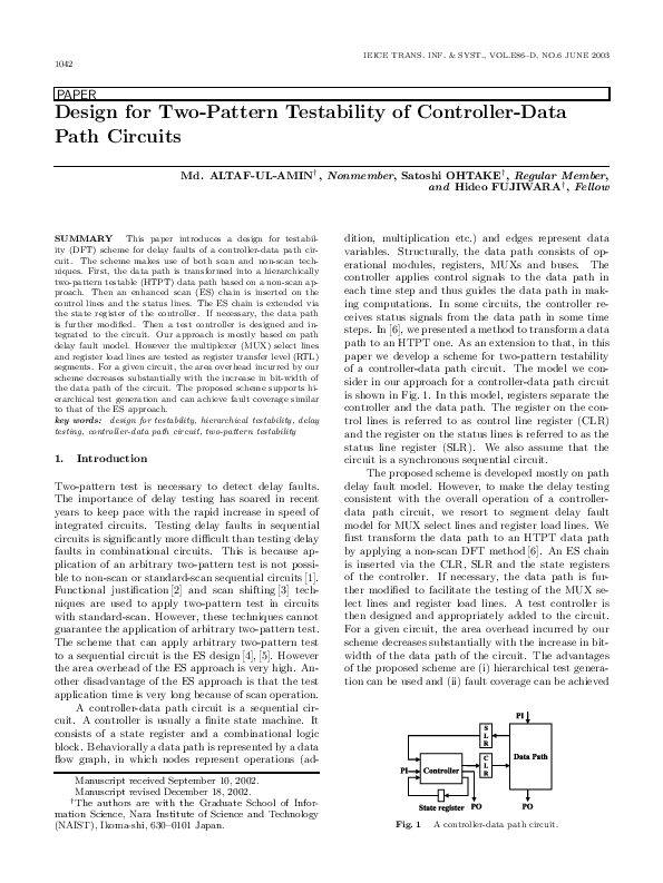 (PDF) Design for Two-Pattern Testability of Controller-Data Path Circuits