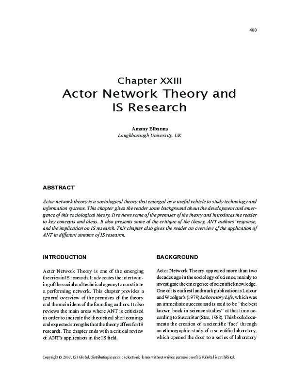 (PDF) Chapter XXIII Actor Network Theory and IS Research